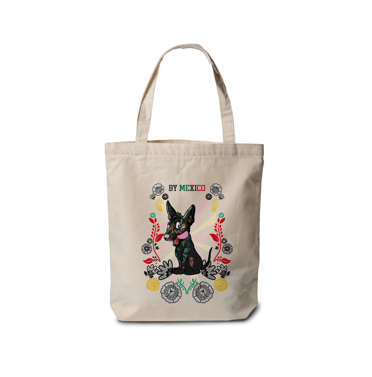 Totebag Xolo Chilaquil flores – By Mexico artículos diseño mexicanos